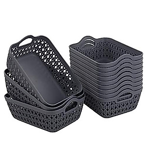 Readsky Small Plastic Storage Baskets with Handles, Desktop Weave Storage Baskets, Deep Grey, 12 Packs