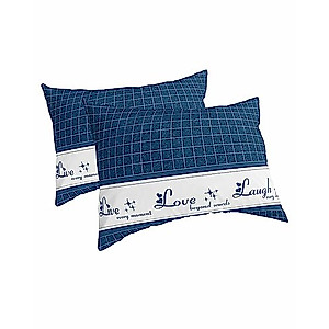 Edwiinsa Navy Blue Plaid Pillow Covers Standard Size Set of 2 20x26 Bed Pillow, Farmhouse White Live Love Laugh Plush Soft Comfort for Hair/Skin Cooling Pillowcases with Envelop Closure
