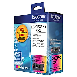 Brother Genuine High Yield Color Ink Cartridge, 3 Pack of LC20E, Replacement Color Ink Three Pack, Includes 1 Cartridge Each of Cyan, Magenta & Yellow, Page Yield Up to 1200 Pages/Cartridge, LC20E