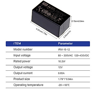 TorqCali IRM-10-12 10W 12V Single Output Green Power Supply PCB Mount Module for Automation and Control Systems
