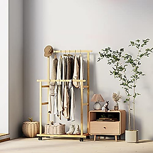 MOUTIK Wood Rolling Clothes Hanging Rack: Heavy Duty Double Rods Clothing Garment Racks - Bamboo Coat Hanger Organizer on Lockable Wheels with Shoes Shelf for Storage Display
