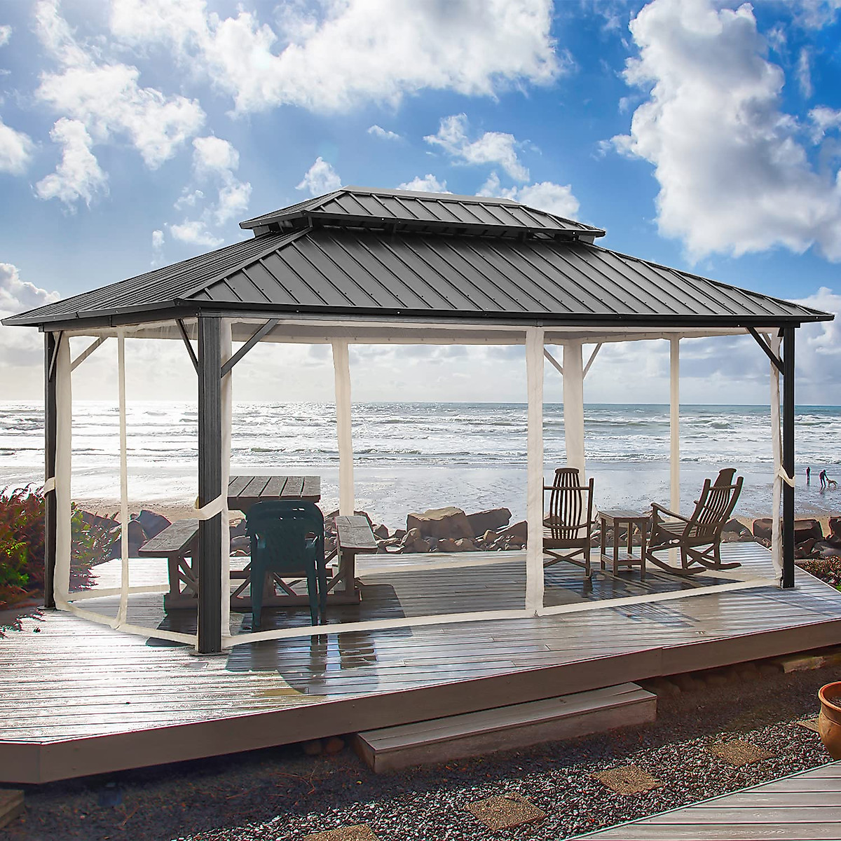 10X 12Ft Hardtop Gazebo Outdoor Gazebo Canopy Double Vented Roof Galvanized Steel Pergolas Aluminum Frame with Netting for Garden,Parties,Lawns and Patio