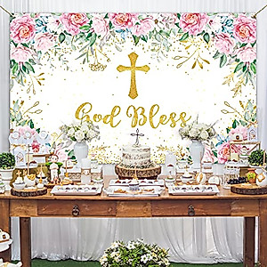 God Bless Backdrop Baptism First Holy Communion Banner Mi Bautizo Baby Shower Party Decorations Christening Ceremony Newborn Banner Flowers Leaves Floral Photography Background Decor Supplies