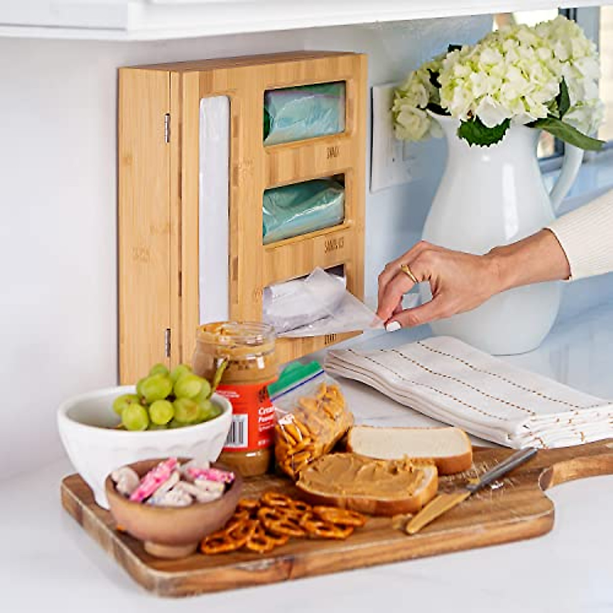 HappyHome Storage Bag Organizer for Kitchen Drawer - Sturdy & Stylish Bamboo Baggie Organizer - Fits Any Brand Gallon, Slider Quart, Sandwich & Snack - Plastic Bag Organizer with Wall Mount Hardware