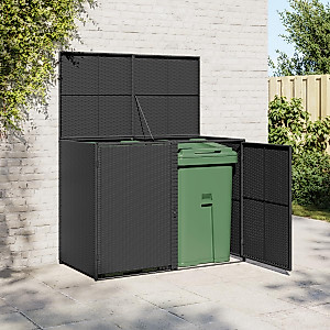vidaXL Double Wheelie Bin Shed with Lid and Lockable Doors, Outdoor Garbage Bin Storage Shed, Weather-Resistant Sturdy Construction, Poly Rattan 31.5"x58.3"x43.7" Black