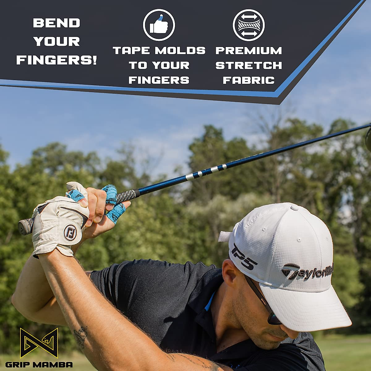 GRIP MAMBA Elastic Athletic Finger Tape, 1”Wide w/Premium Adhesive, Protects Hand Thumb Fingers Enhances Grip, Sleeve Blister Wrap for Sports, Golf, Tennis, Basketball, Pickleball (Blue, 3 Rolls)