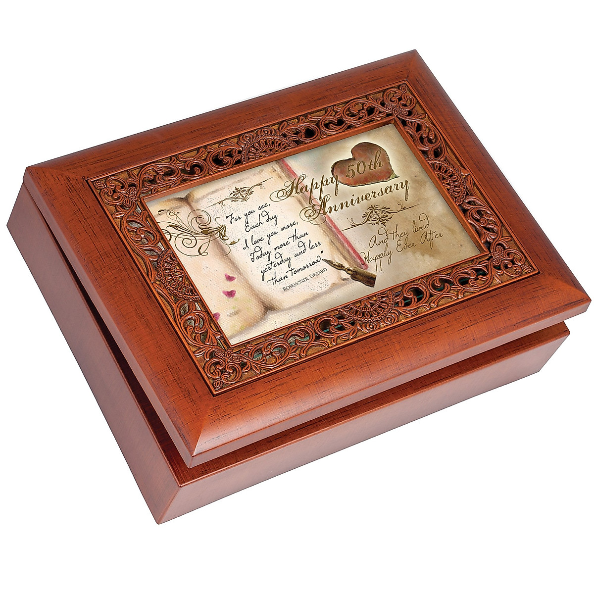 Cottage Garden Happy 50th Anniversary Woodgrain Inlay Jewelry Music Box Plays You Light Up My Life