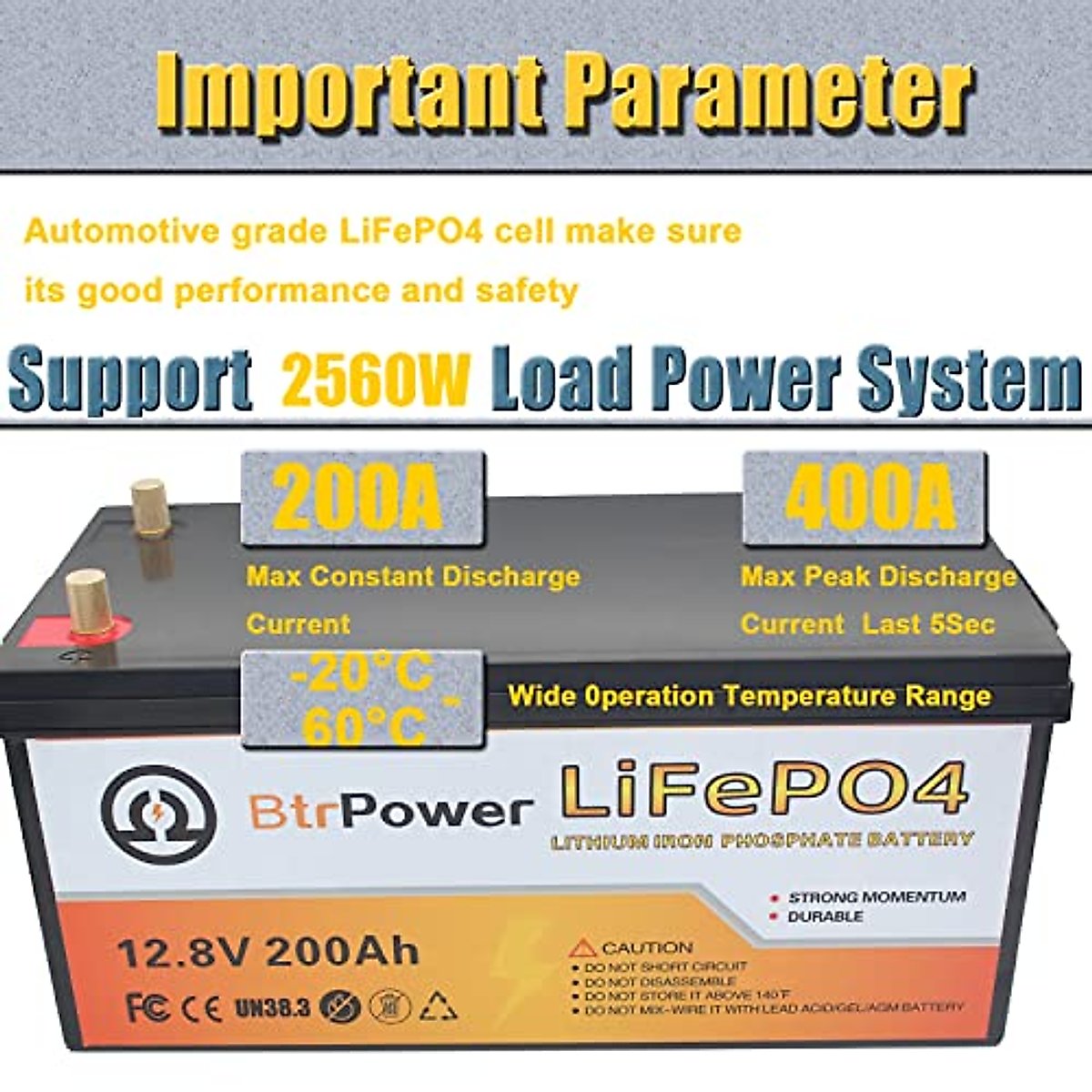 BtrPower 12V 200AH Lithium Battery,5000+ Deep Cycle LiFePO4 Battery with Built-in 200A BMS fit for Home Storage,Trolling Motor,RV,Off-Grid System,Solar Power System,Marine