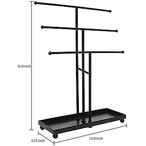 MyGift Modern Jewelry Organizer, 3 Tier Black Metal Tabletop Bracelet and Necklace Jewelry Storage Display Tree Rack with Base Ring Tray