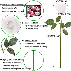 Cloudecor 15Pcs Artificial Roses Velet Real Touch Single Stem Fake Roses Silk Realistic Bouquet Flowers Arrangements Home Office Garden Grave Party Wedding Decoration(Pure White-15p, Blossom Roses)