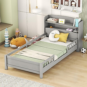 SOFTSEA Twin Size Platform Bed with Storage Headboard and LED Light, Wood Bed Frame with Fence Guardrails for Kids, Kids Twin Bed Frame, No Box Spring Needed, Gray