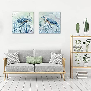 Zessonic Sea Turtle Wall-Art for Bathroom Decor - 2 Panel Set of 12 x 12 Inch Teal Sea Turtle with Seagrass Prints