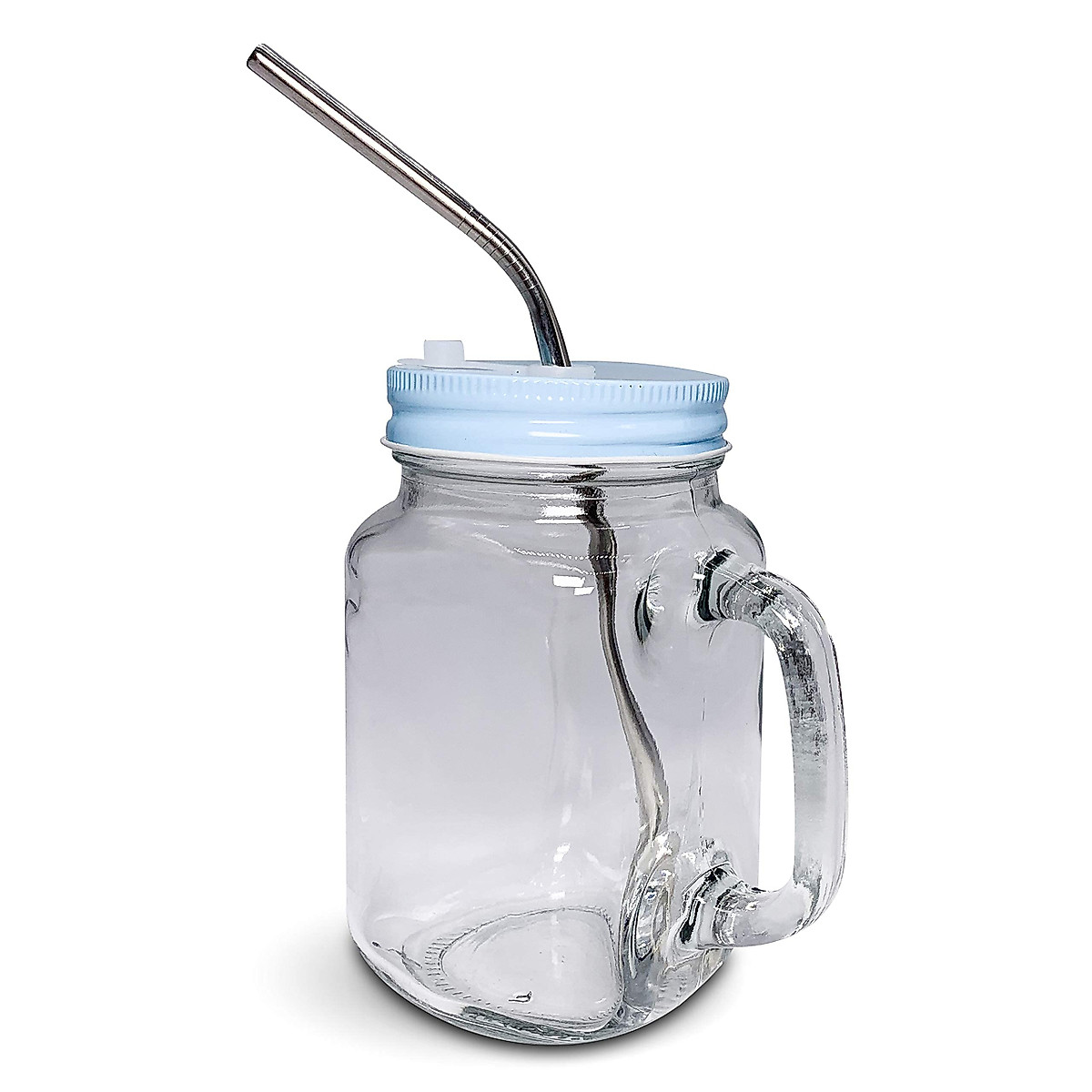 Home Suave 20oz Mason Jar Mugs with Handle Set of 2, Regular Mouth, Light blue Lids with Reusable Stainless Steel Straw, Kitchen GLASS 20 oz Jars
