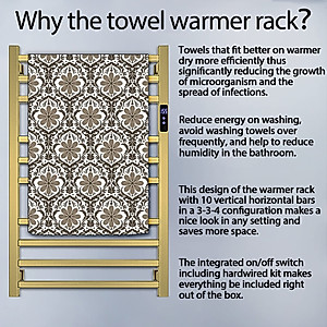 TWCC Towel Warmer Rack for Bathroom with Timer/Fahrenheit Temperature Control Wall Mounted Electric Heated 10 Bar Rail Plug-in or Hardwired Keep Bath Shower Towel Warming (Brushed Gold)