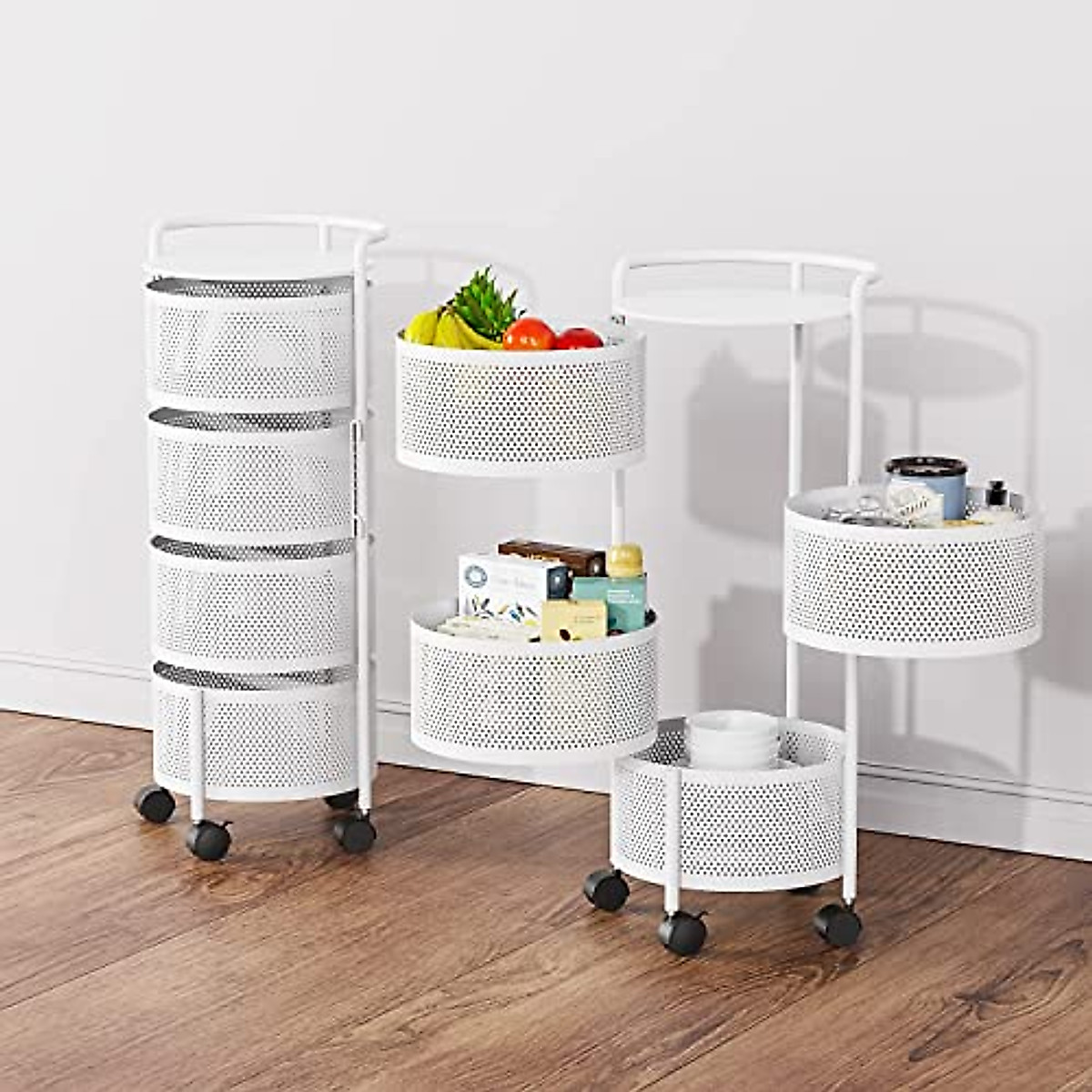 Rotating Storage Shelves Rack for Kitchen, 4-Tier Multi Layer Removable Basket Shelf Organizer on Rolling Wheels for Fruit Vegetable Grocery Corns Potato Onion (4-Tier , White)