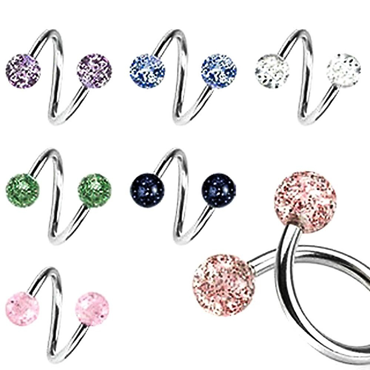 Body Accentz Belly Button Rings Lot of 6 Ultra Sparkle Spiral Twister Bar