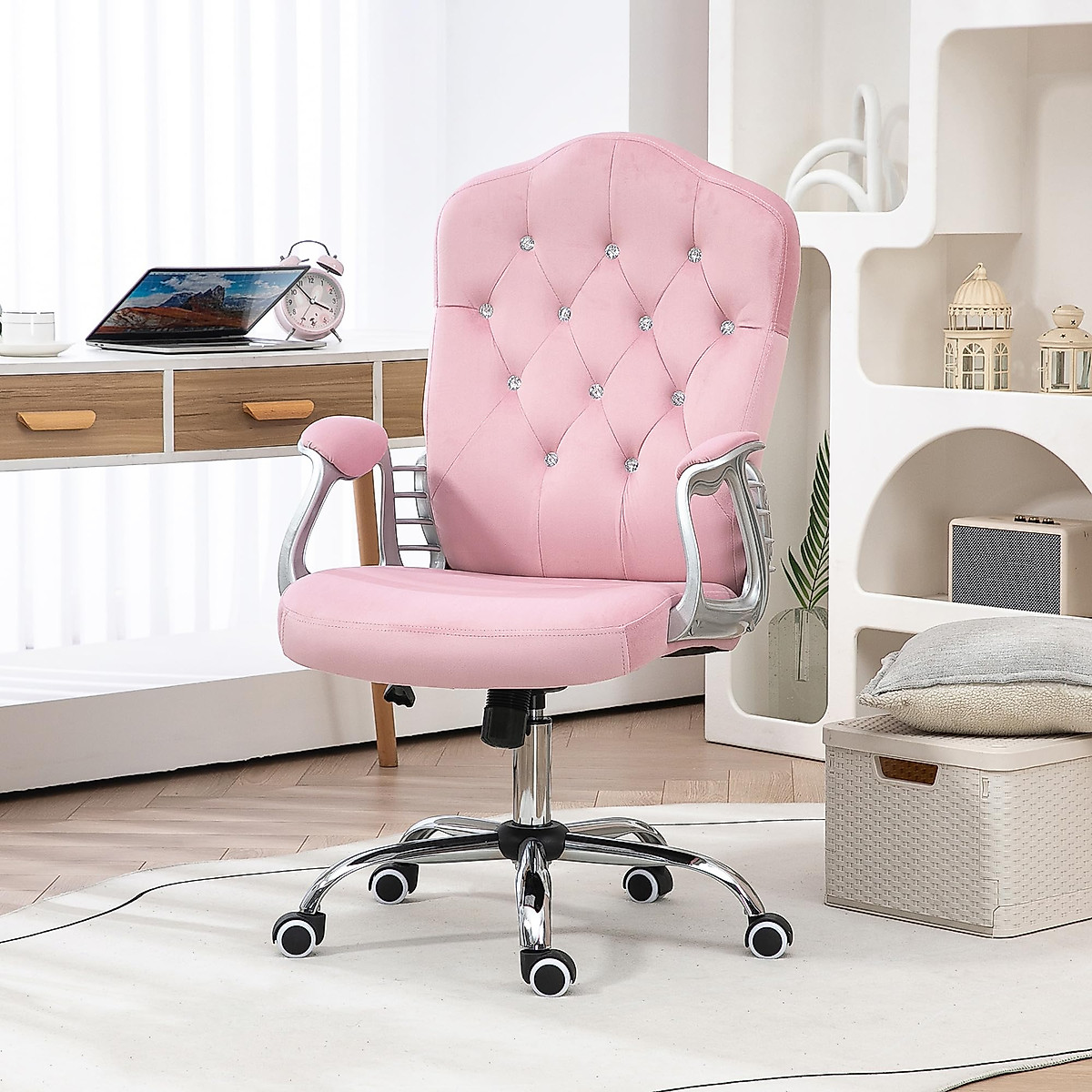 Vinsetto Home Office Chair, Velvet Computer Chair, Button Tufted Desk Chair with Swivel Wheels, Adjustable Height, and Tilt Function, Pink