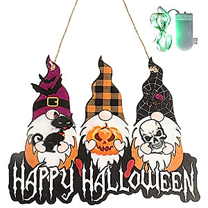 Amyhill Halloween Gnomes Sign Pumpkin Bat Gnome Wooden Plaque with String Lights Happy Halloween Wooden Door Wall Sign with Rope for Yard Indoor Outdoor Garden Decoration, 11.8 x 9.3 Inch