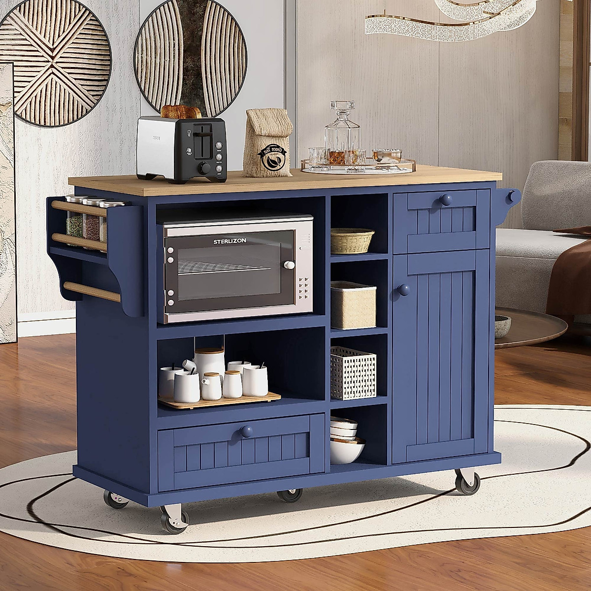 Polibi Kitchen Island Cart,Kitchen Island Table with Storage/Two Locking Wheels/Solid Wood Desktop,Microwave Cabinet,Floor Standing Buffet Server Sideboard for Kitchen Room,Dining Room(Dark Blue)