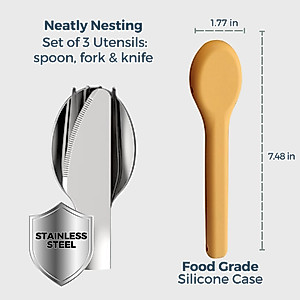 DREAMROO Travel Utensil Flatware Set - Portable Cutlery set design for Travel, School, Work and Outdoor- Stainless Steel Spoon, Fork, & Knife with Silicone Case (Yellow)