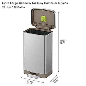 EKO Hudson Matte Stainless 75 Liter/20 Gallon Step Trash Can with Rear Trash Bag Storage Compartment