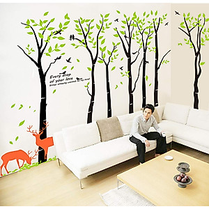 Mix Decor Tree Wall Decal - 7 Trees Wall Sticker Large Family Forest for Livingroom Kid Baby Nursery Room Deer Wooland Decoration Party Birthday Gift,118x83 Inch Black + Green