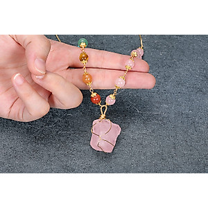 Jovivi Healing Stone Necklaces 7 Chakra Beads Necklace for Women Adjustable 14K Gold Plated Wire Wrapped Raw Rose Quartz Crystal Pendant Necklace Gemstone Jewelry Mothers Day Gift