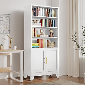 KAIFAM 75 Inch Tall Bookshelf with Doors, Metal Bookcase with Storage Cabinet and Adjustable Shelves, 6 Tier Floor Standing Display Storage Shelves for Living Room, Bedroom, Office, (White)