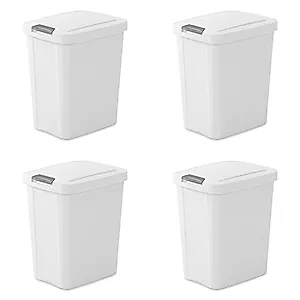 Sterilite 10438004 7.5 Gallon TouchTop Wastebasket, White w/ Titanium Latch, 4-Pack