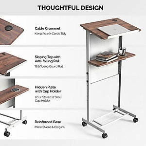 VINGLI Portable Podium Stand, Height Adjustable Lectern Podium with Shelf for Reports, Mobile Stand Up Lectern, Rolling Pulpits for Church with Edge Stopper (White/Brown, 24'' Wide)
