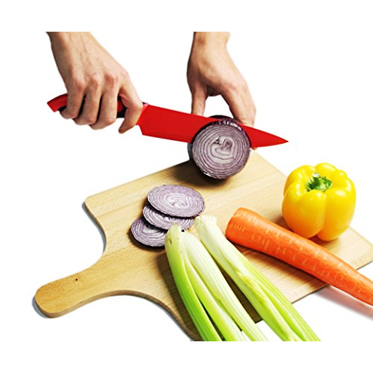 Kitchenson 3CR14 Stainless Steel Nonstick Multi-Color Professional Cutlery Set with 5 knives and 1 Clear Acrylic Stand 8.25” x 8.5”, Red, Pink, Orange and Yellow, 6 Piece Total