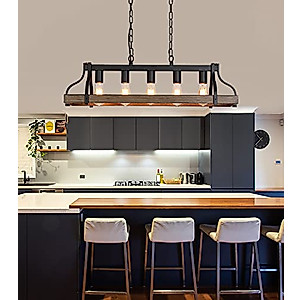 MEIXISUE Rustic Kitchen Island Dining Room Light Fixture Farmhouse Linear Chandelier Black and Retro Wood Finish 5-Light Industrial Metal Hanging Pendant Light UL Listed L33.5 W10.6
