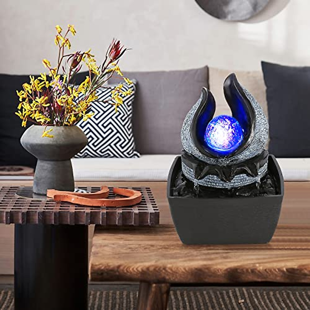 WICHEMI Indoor Fountain Tabletop Fountain Mini Waterfall Fountains Relaxation Water Feature Feng Shui Zen Meditation Desktop Fountain with Rolling Ball for Home Office Indoor Spaces Decor (Style 1)