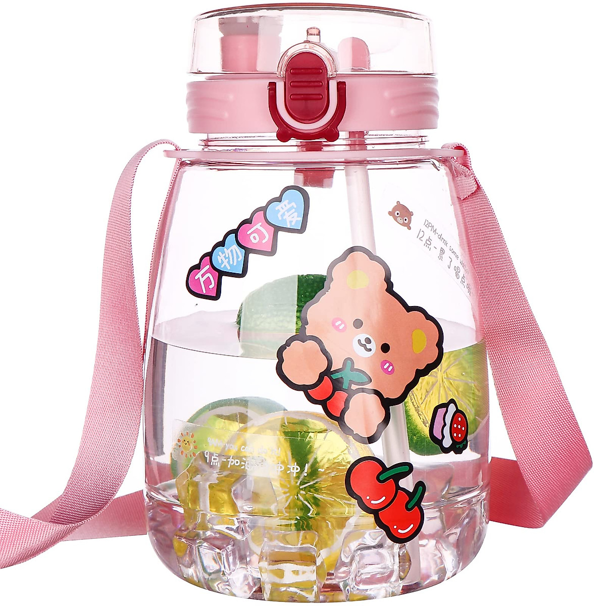 44 Oz Cute Water Bottles with Straws,Creative Kawaii High Capacity Cups,Leakproof Pot Belly Bottles with Adjustable Shoulder Strap,Anti-Fall Portable Juice Kettle Drinking Bottle Transparent Water Jug