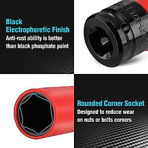 DURATECH 1/2 Wheel Protector Impact Socket Set, Lug Nut Sockets With Non-Marring Protective Sleeve, 15 17 19 21 22 mm Metric Sockets, CR-MO Alloy, Color-Coded, Great Gifts