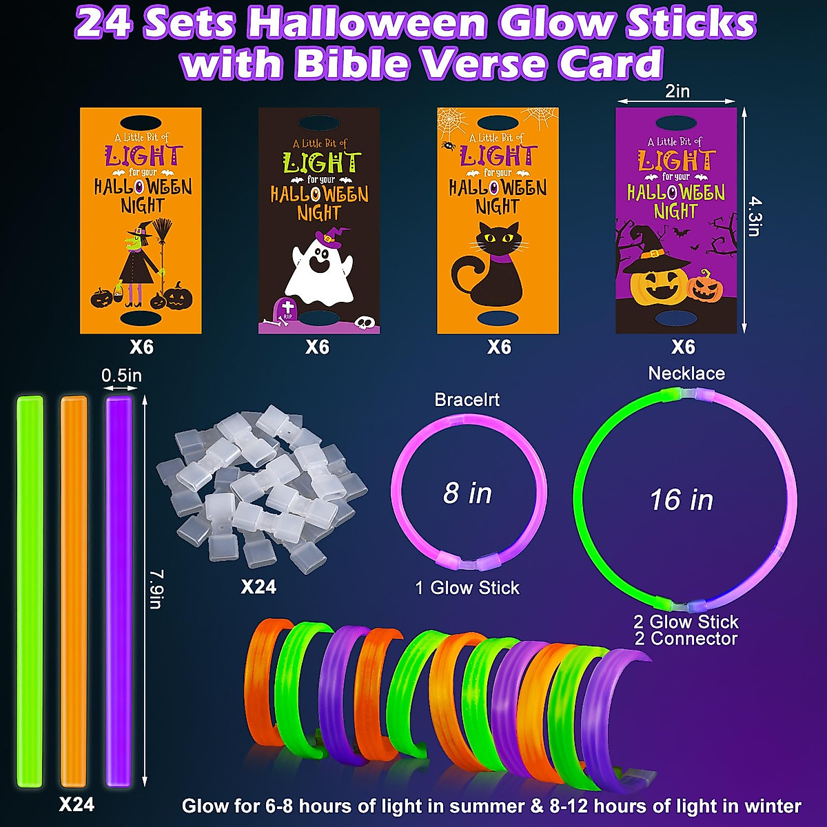 MiniInflat 24 Sets Halloween Triple Glow Bracelets with Cards Include 24 Pcs A Little Bit of Light For Your Halloween Night Glow Stick Gift Tag 24 Glow in the Dark Glow Sticks for Party School