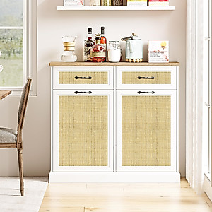 IDEALHOUSE Double Tilt Out Trash Cabinet with Natural Rattan, Hidden Trash Can Cabinet 10 Gallon Storage Holder, Freestanding Garbage Bin Cabinet for Kitchen Dining Living Room