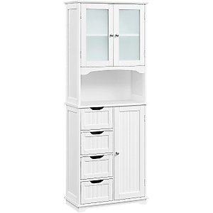 Topeakmart 65.5″ Tall Storage Cabinet Kitchen Cupboard with Glass Door Freestanding Floor Cabinet with Open Compartment, Drawer, Adjustable Shelf for Bathroom, Kitchen, Living Room