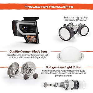 AKKON - Fits 2009-2014 Ford F-150 Switchback LED Tube Turn Signal DRL [Halogen Type] Projector Headlights Pair Left+Right