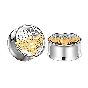 Pierced Republic Honey Bee & Comb Ear Gauges - Pair of Stainless Steel Flared Ear Plugs - 8 Size Options (00 Gauge (10mm))
