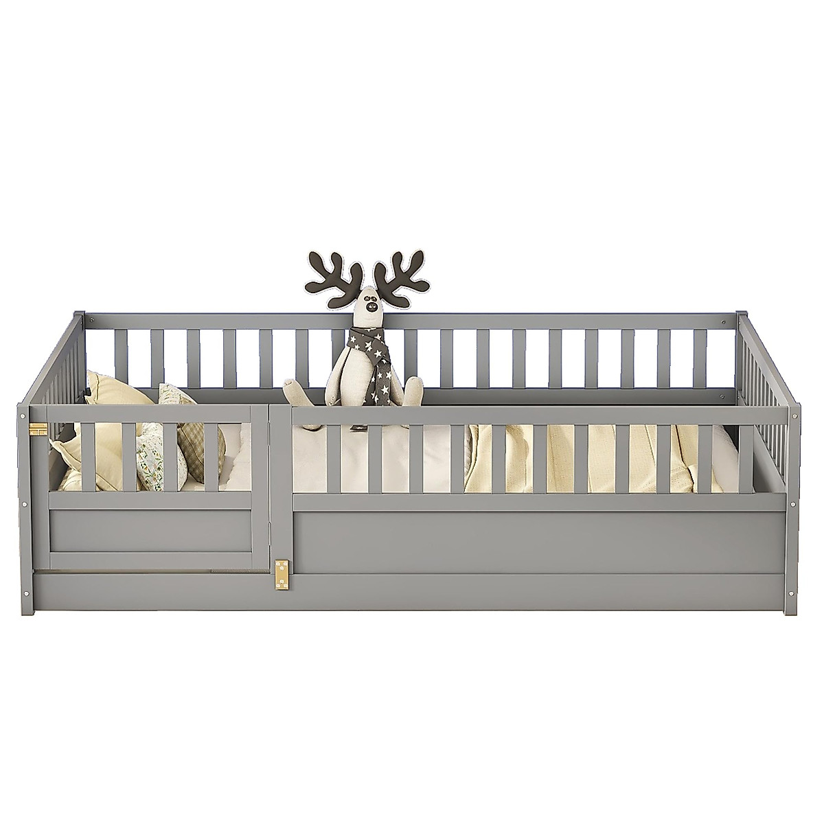 CITYLIGHT Full Floor Bed with High Rails, Wood Montessori Floor Bed with Door Design, Kids Full Bed Frame for Boys Girls Children,No Bed Slats,Grey