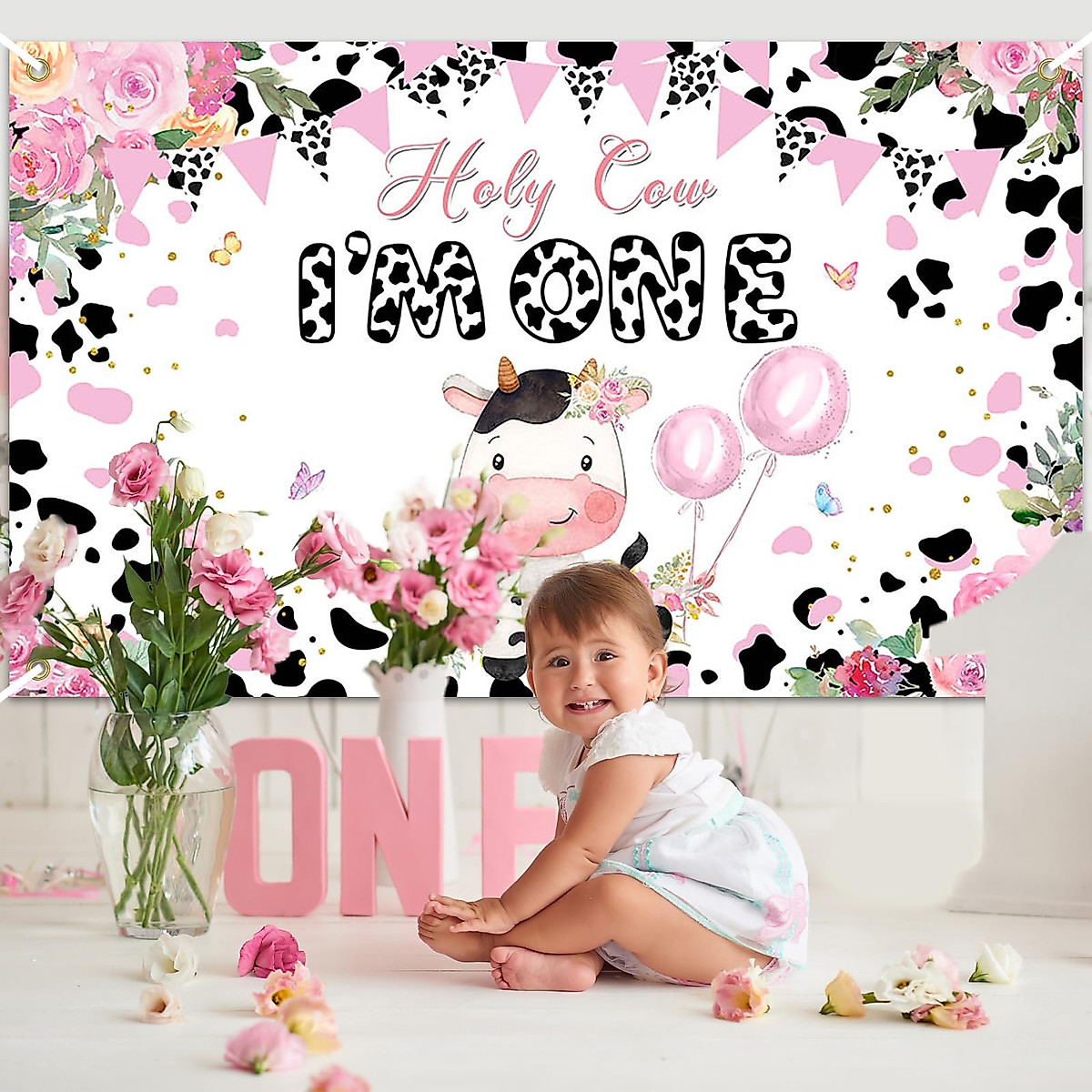 Avezano Holy Cow I'm One 1st Birthday Backdrop for Girls Pink Pink Flower Milk Cows 1st Birthday Party Decorations Holy Cow I'm One Banner Large 70.8 x 43.3 Inch