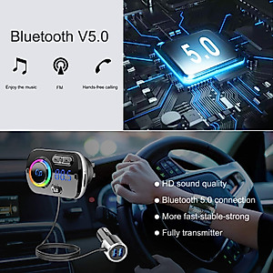 Bluetooth Car Adapter, Wireless Bluetooth 5.0 FM Transmitter for Car, QC 3.0 Fast Car Charger, MP3 Music Player Hand-Free Call 7 Colors LED Backlit Dual USB Ports TF Card AUX