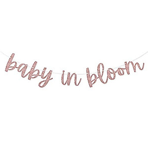 Baby in Bloom Rose Gold Glitter Banner Sign Garland Pre-Strung for Spring Baby Shower Floral Theme Baby Shower Decorations (Rose Gold)