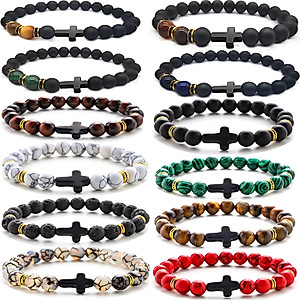 WAINIS 12 Pcs 8MM Beads Bracelet for Men Women Lava Rock Tiger Eye Stone Howlite Stone Stretch Elastic Bracelet Set