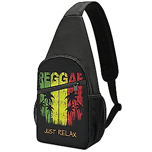 Relax Reggae Music Palm Trees On Black Chest Crossbody Bag, Lightweight Unisex Backpack Shoulder Bag, Casual Adjustable Sling Daypack for Outdoor Cycling Hiking Travel