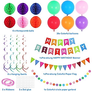 RUBFAC Rainbow Birthday Decorations, Happy Birthday Banner, 6 Honeycomb Balls, 8 Metallic Hanging Swirls, Circle Paper Garland and 30 Balloons
