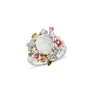 Anthia Jewelry Womens Sterling Silver High Shine Sparkling Cubic Zirconia Multi Gemstone Multicolor Comfy Fit Filigree Floral Flower Fashion Jewelry Accessory Beautiful Band Ring, White Opal, Size 6