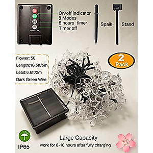 Solar String Lights Flower Garden Lights Outdoor Waterproof Fairy Lights Solar Powered Decorative Cherry Blossom for Camping Outside Balcony Yard Porch Patio Christmas Tree 33ft 50 Led Pack 2