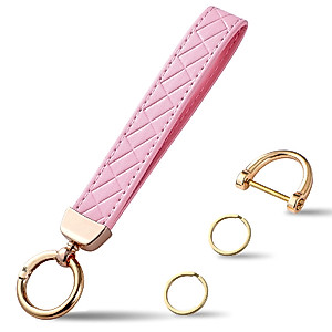 Weixiltc Leather Wristlet Keychain, Car Key Chain Holder with 2 Key Ring and Anti-Lost D Ring, Key Fob Wristband for Women (Pink)